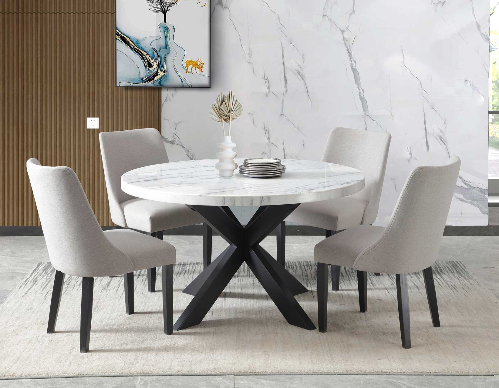 Xena 52 inch Round 5 Piece White Marble Dining Set Table 4 Side Xena 52 inch Round 5 Piece White Marble Dining Set Table 4 Side