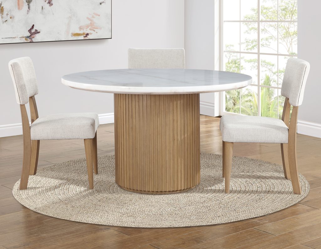 Colvin 52" Round White Marble Table, Toffee Finish - Steve Silver Company