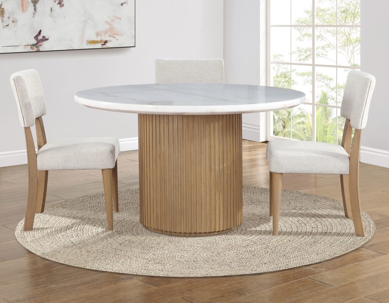 Colvin 52" Round White Marble Table, Toffee Finish - Steve Silver Company
